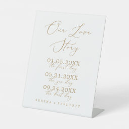 Delicate Gold Calligraphy Our Love Story Wedding Pedestal Sign | Zazzle
