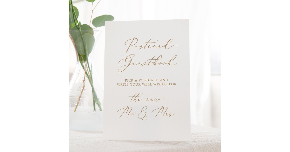 Delicate Gold Calligraphy Postcard Guestbook Pedestal Sign | Zazzle