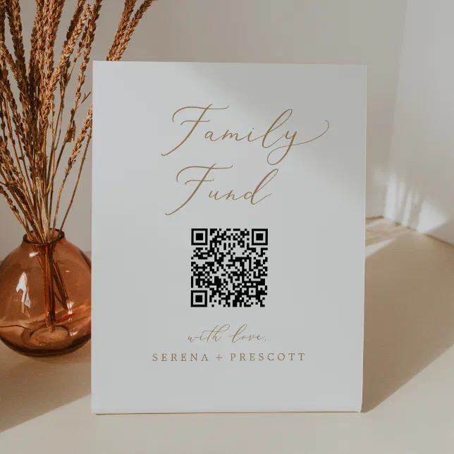 Delicate Gold Calligraphy QR Code Family Fund Pedestal Sign | Zazzle