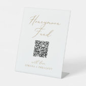 Delicate Gold Calligraphy QR Code Honeymoon Fund Pedestal Sign | Zazzle
