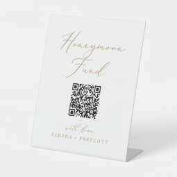 Delicate Gold Calligraphy QR Code Honeymoon Fund Pedestal Sign | Zazzle