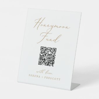 Delicate Gold Calligraphy QR Code Honeymoon Fund Pedestal Sign | Zazzle