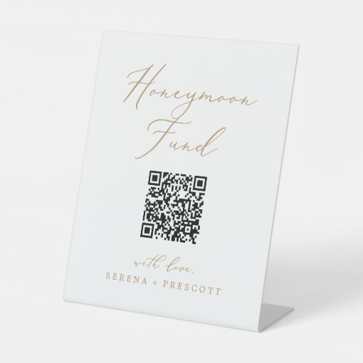 Delicate Gold Calligraphy QR Code Honeymoon Fund Pedestal Sign | Zazzle