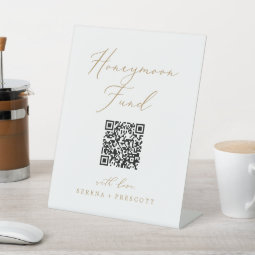 Delicate Gold Calligraphy QR Code Honeymoon Fund Pedestal Sign | Zazzle