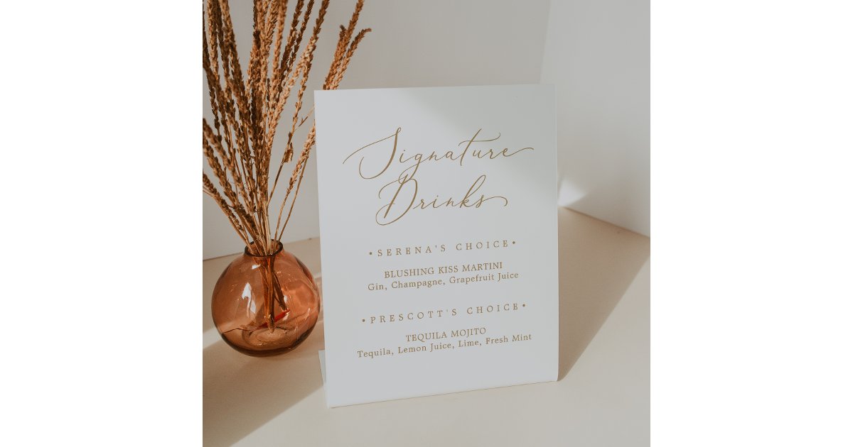 Delicate Gold Calligraphy Signature Drinks Pedestal Sign | Zazzle