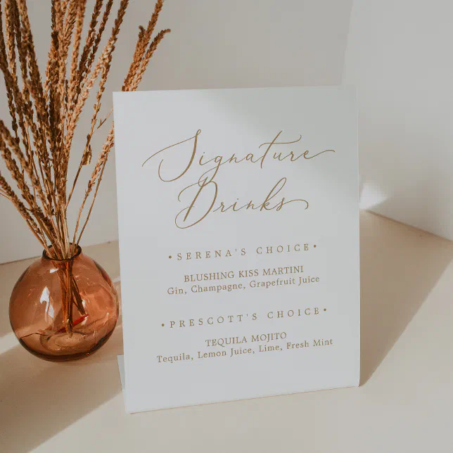 Delicate Gold Calligraphy Signature Drinks Pedestal Sign | Zazzle