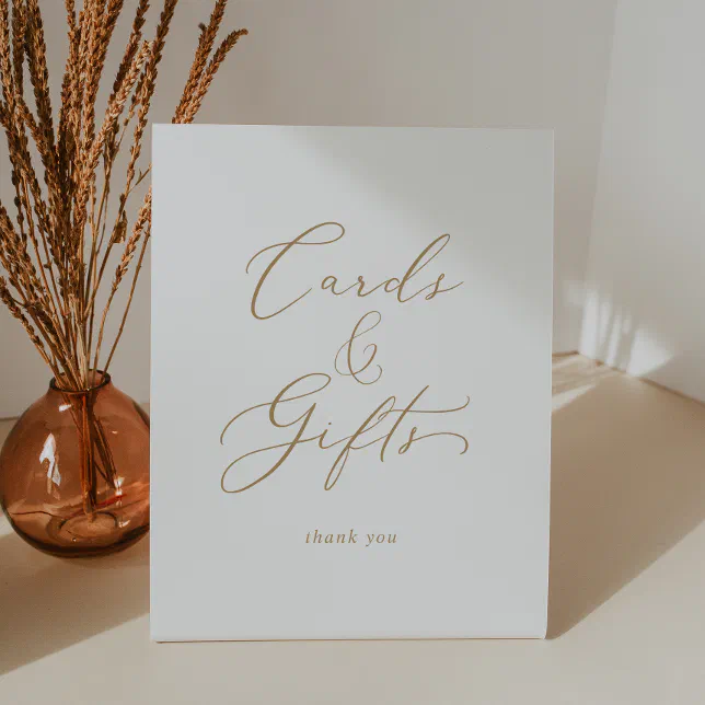 Delicate Gold Calligraphy Wedding Cards and Gifts Pedestal Sign | Zazzle
