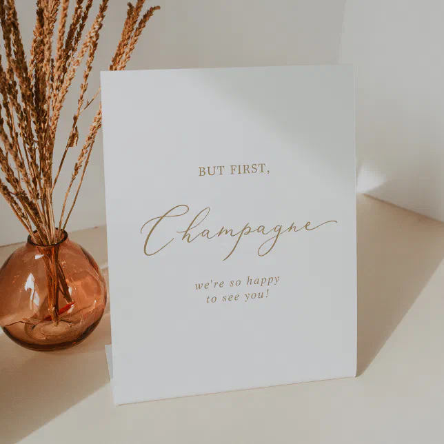 Delicate Gold Calligraphy Wedding Champagne Pedestal Sign | Zazzle