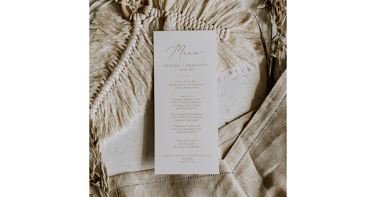 Delicate Gold Calligraphy Wedding Dinner Menu | Zazzle