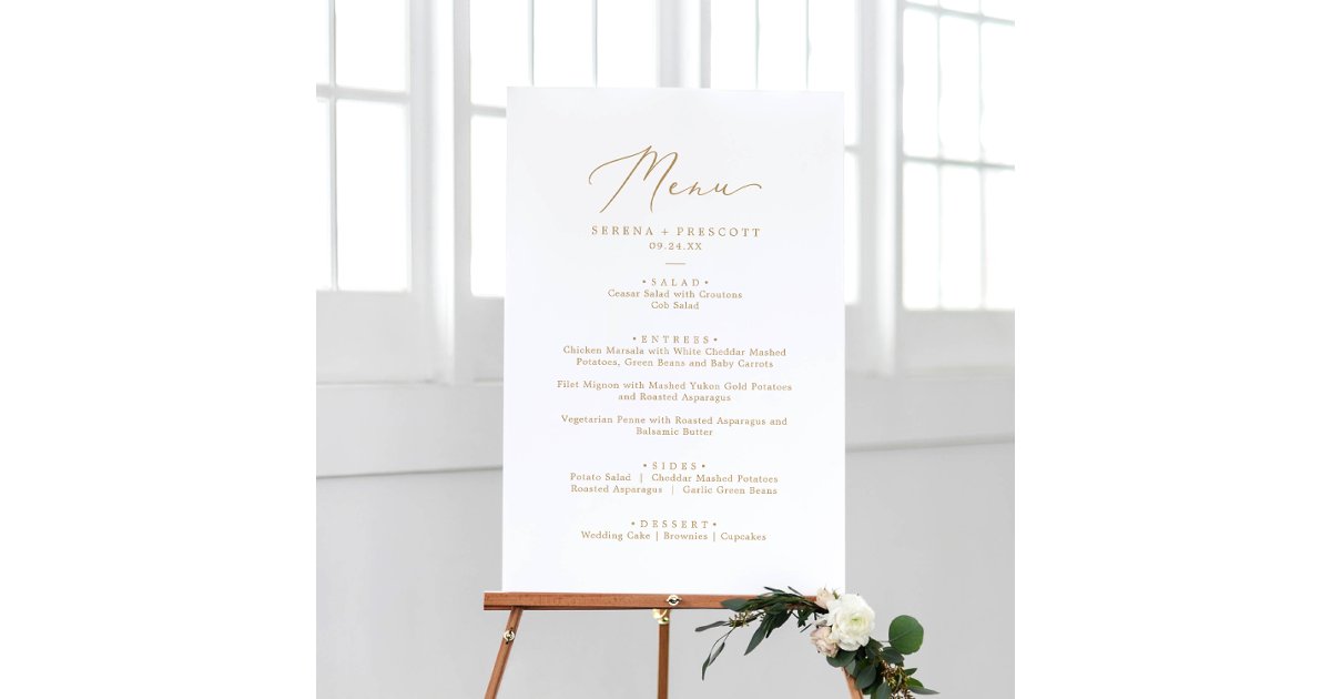 Delicate Gold Calligraphy Wedding Dinner Menu Foam Board | Zazzle