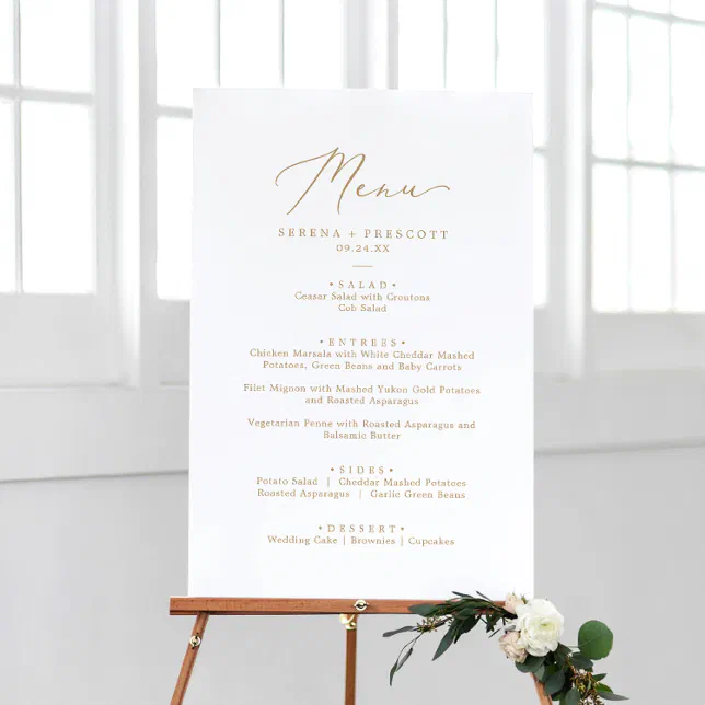 Delicate Gold Calligraphy Wedding Dinner Menu Foam Board | Zazzle