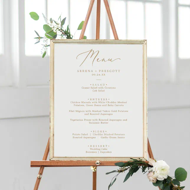 Delicate Gold Calligraphy Wedding Dinner Menu Poster | Zazzle
