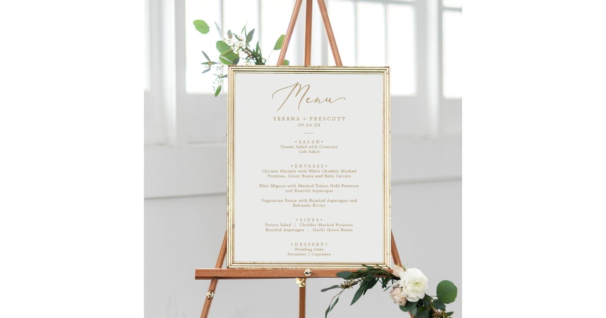 Delicate Gold Calligraphy Wedding Dinner Menu Poster | Zazzle