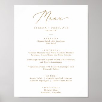 Delicate Gold Calligraphy Wedding Dinner Menu Poster | Zazzle