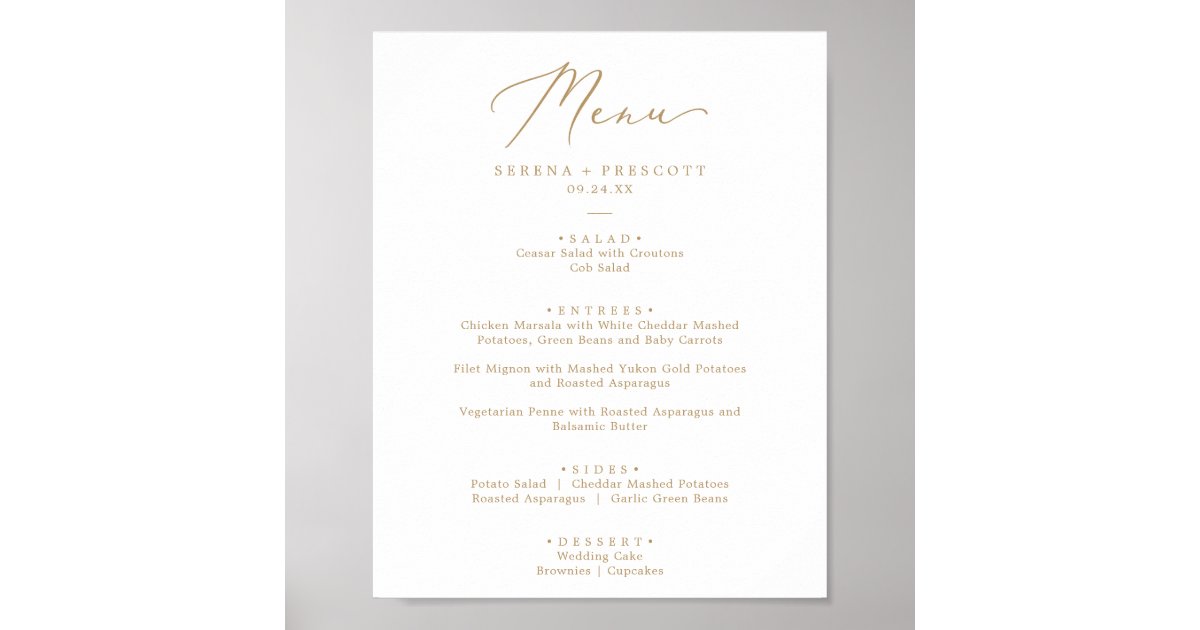 Delicate Gold Calligraphy Wedding Dinner Menu Poster | Zazzle