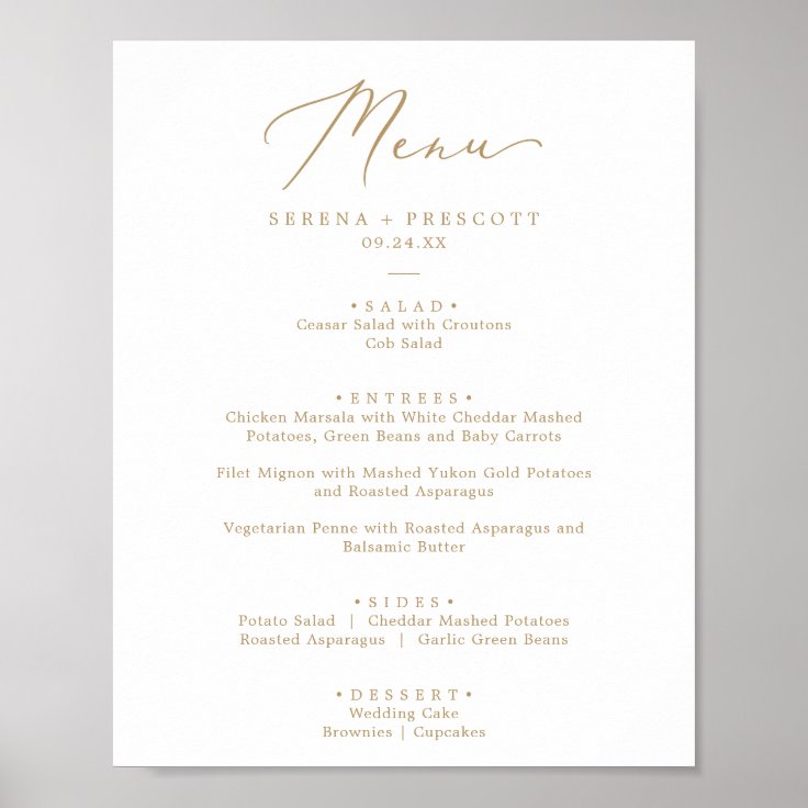 Delicate Gold Calligraphy Wedding Dinner Menu Poster | Zazzle