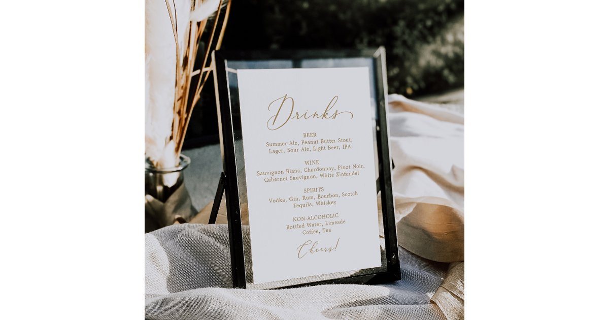 Delicate Gold Calligraphy Wedding Drink Menu Sign | Zazzle