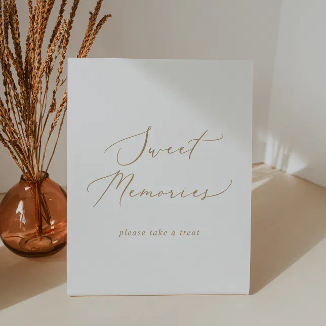 Delicate Gold Calligraphy Wedding Sweet Memories Pedestal Sign | Zazzle