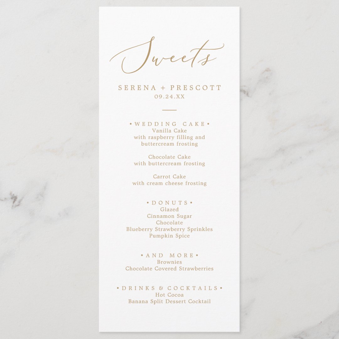 Delicate Gold Calligraphy Wedding Sweets Menu | Zazzle