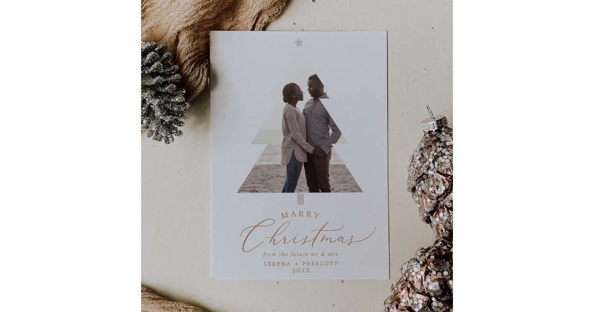 Delicate Gold Marry Christmas 1 Engagement Photo Holiday Card | Zazzle