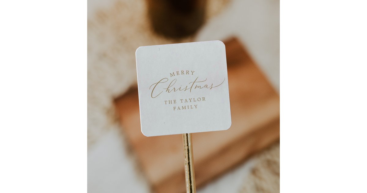 Delicate Gold Merry Christmas Holiday Gift Square Sticker | Zazzle
