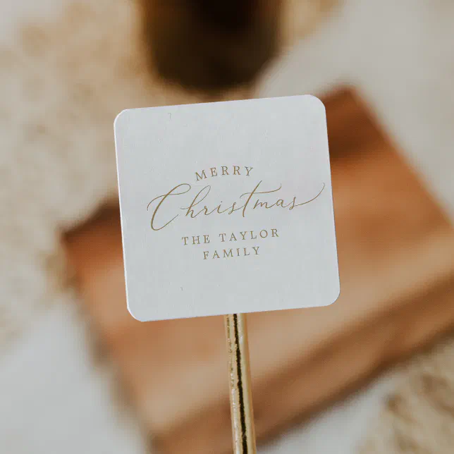 Delicate Gold Merry Christmas Holiday Gift Square Sticker | Zazzle