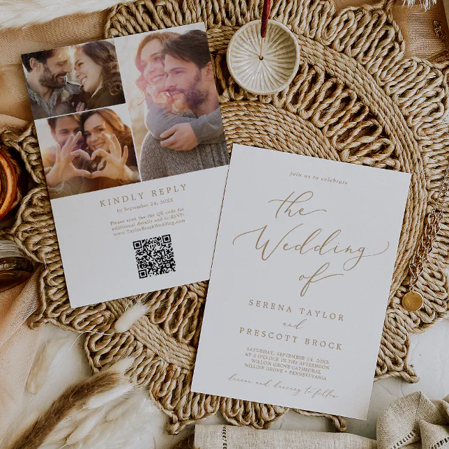 Delicate Gold Photo Collage QR Code Wedding Invitation | Zazzle