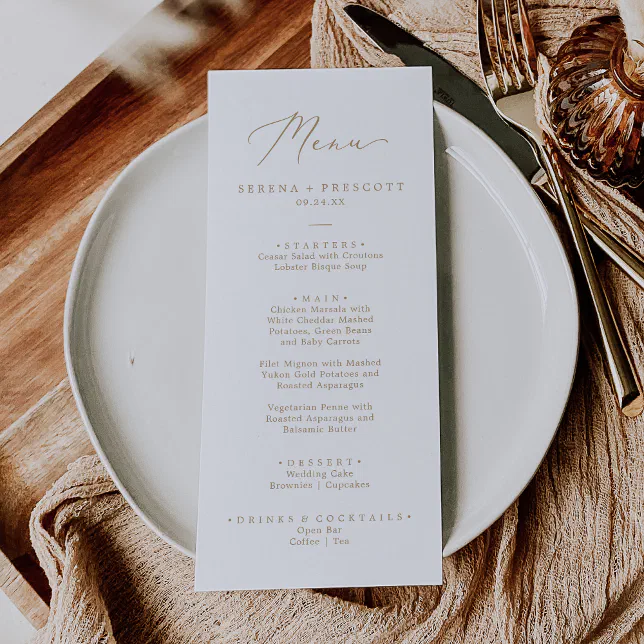 Delicate Gold Printed or Printable Menu Card | Zazzle
