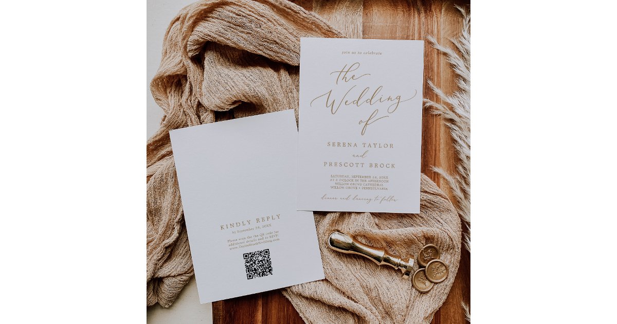 Delicate Gold QR Code Back Wedding Invitation | Zazzle