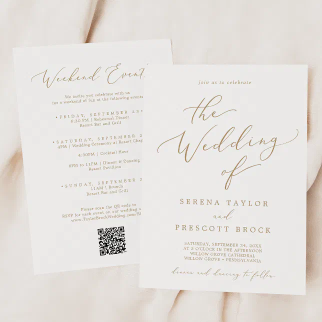 Delicate Gold Weekend Events QR Code Wedding Invitation | Zazzle