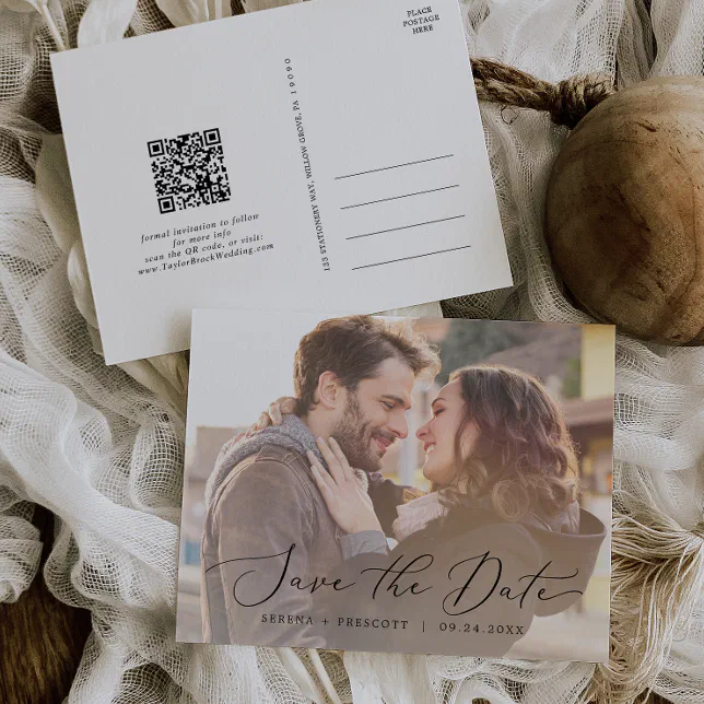 Delicate Horizontal Photo QR Code Save the Date Invitation Postcard ...