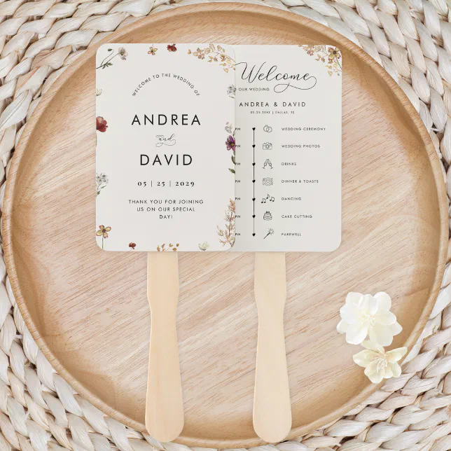 Delicate Ivory Wildflowers Script Wedding Timeline Hand Fan | Zazzle
