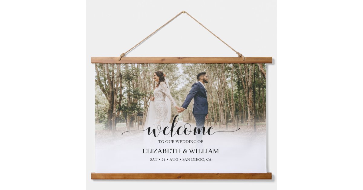 Delicate Modern Script Photo Wedding Welcome Hanging Tapestry | Zazzle
