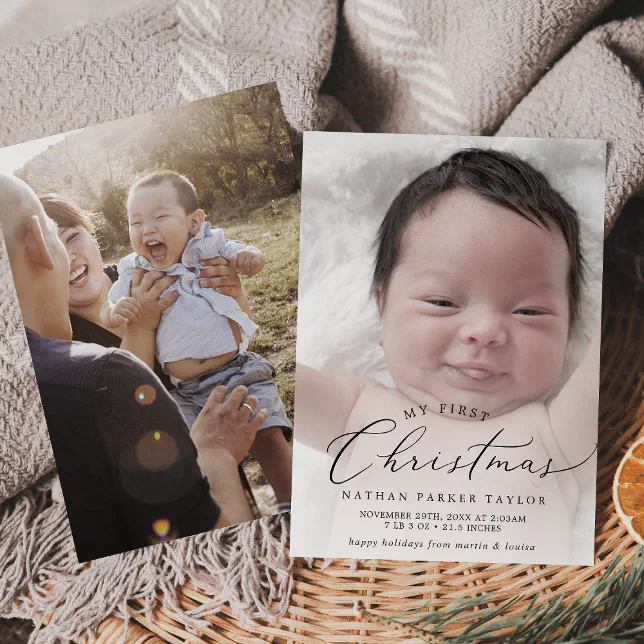 Delicate My First Christmas Baby Birth Photo Holiday Card | Zazzle