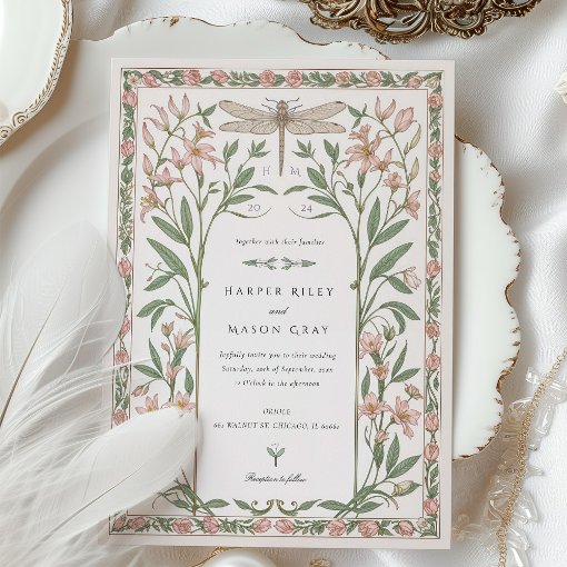 Delicate Nouveau Wedding Dragonfly Floral Invitation | Zazzle