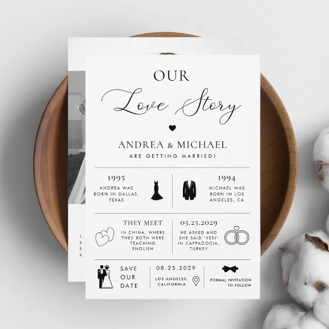Delicate Our Love Story Infographic Photo Wedding Invitation | Zazzle