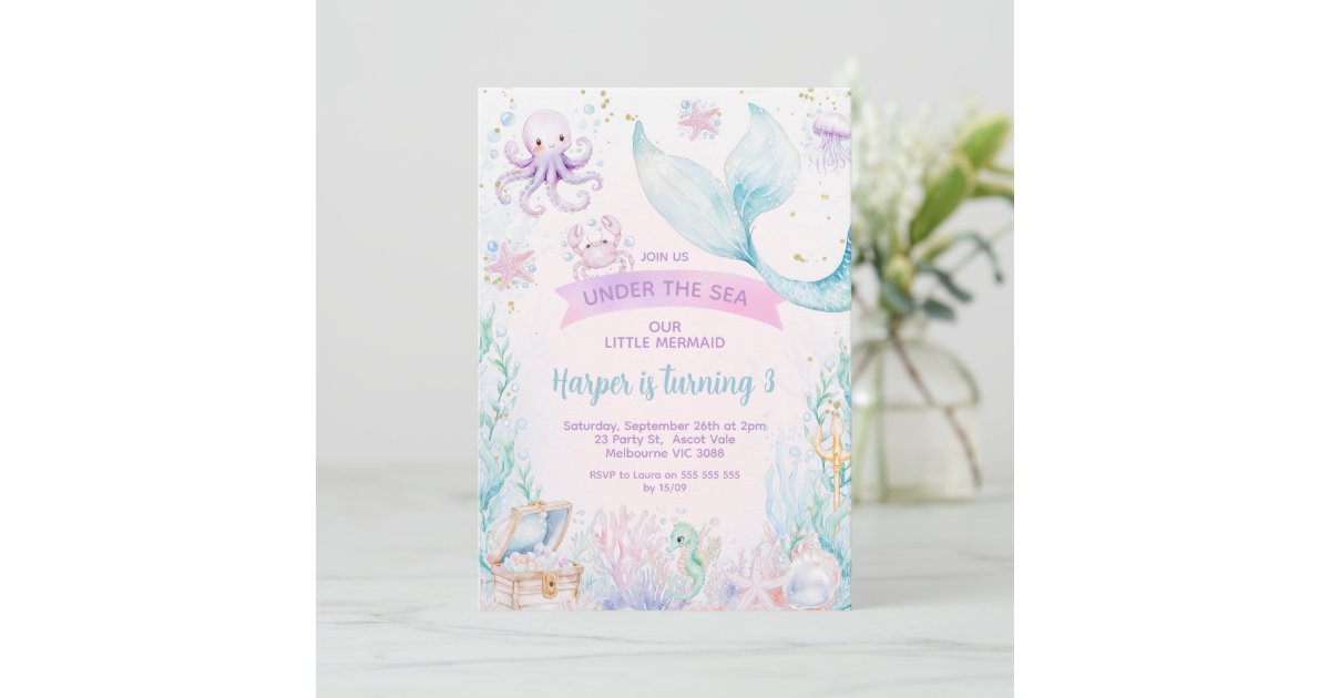 Delicate Purple Blue Little Mermaid Birthday Invitation | Zazzle