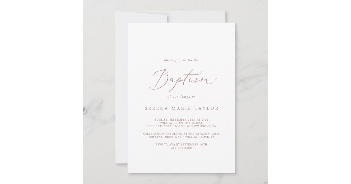 Delicate Rose Gold Calligraphy Baptism Invitation | Zazzle