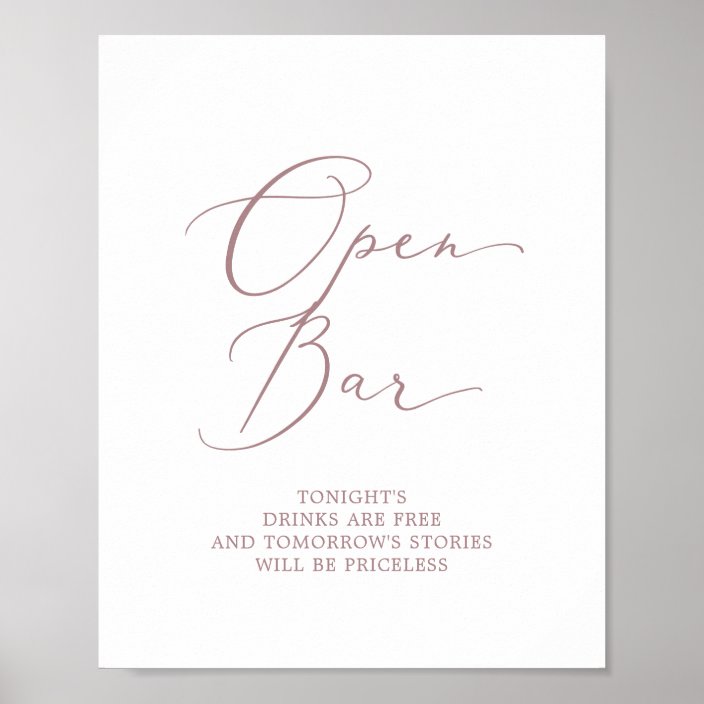 Delicate Rose Gold Calligraphy Open Bar Sign | Zazzle.com