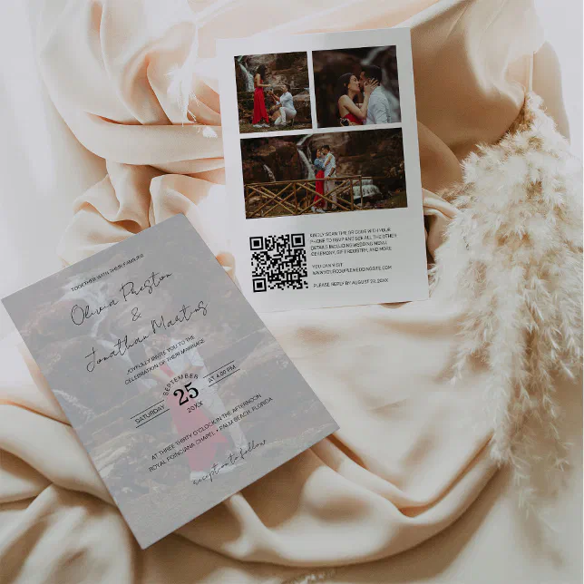 Delicate Script 4 Photos Wedding QR Code RSVP Invitation | Zazzle