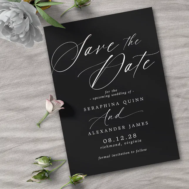 Delicate Script | Modern Black Moody Wedding Save The Date | Zazzle