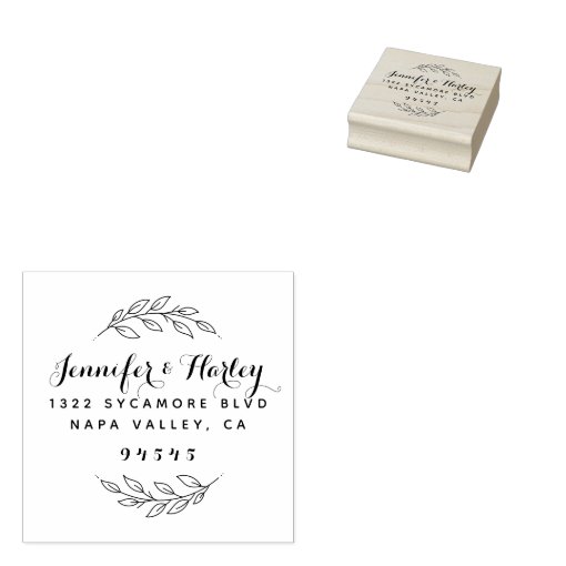 Delicate Script & Wreath Couple Return Address Rubber Stamp | Zazzle