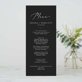 Delicate White on Black Calligraphy Wedding Dinner Menu | Zazzle