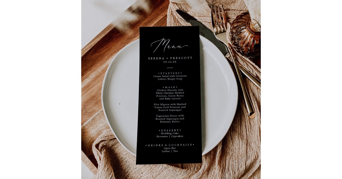 Delicate White on Black Calligraphy Wedding Dinner Menu | Zazzle