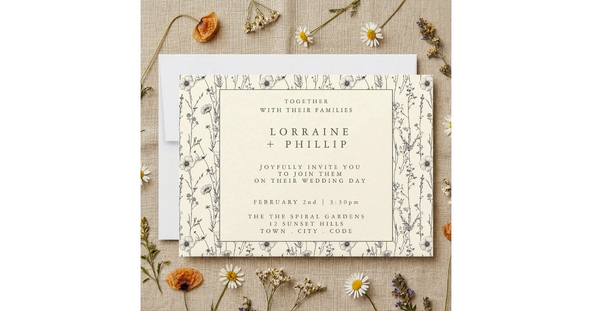 Delicate wild flowers pattern wedding invitation | Zazzle