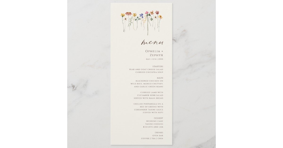 Delicate Wildflower | Beige Garden Wedding Dinner Menu | Zazzle