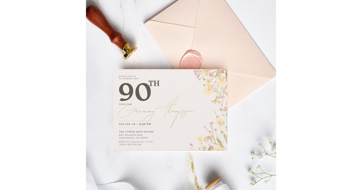 Delicate Wildflowers Pink Yellow 90th Birthday Invitation | Zazzle