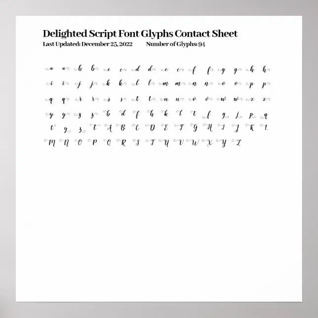Delighted Script Font Glyphs Contact Sheet Poster | Zazzle