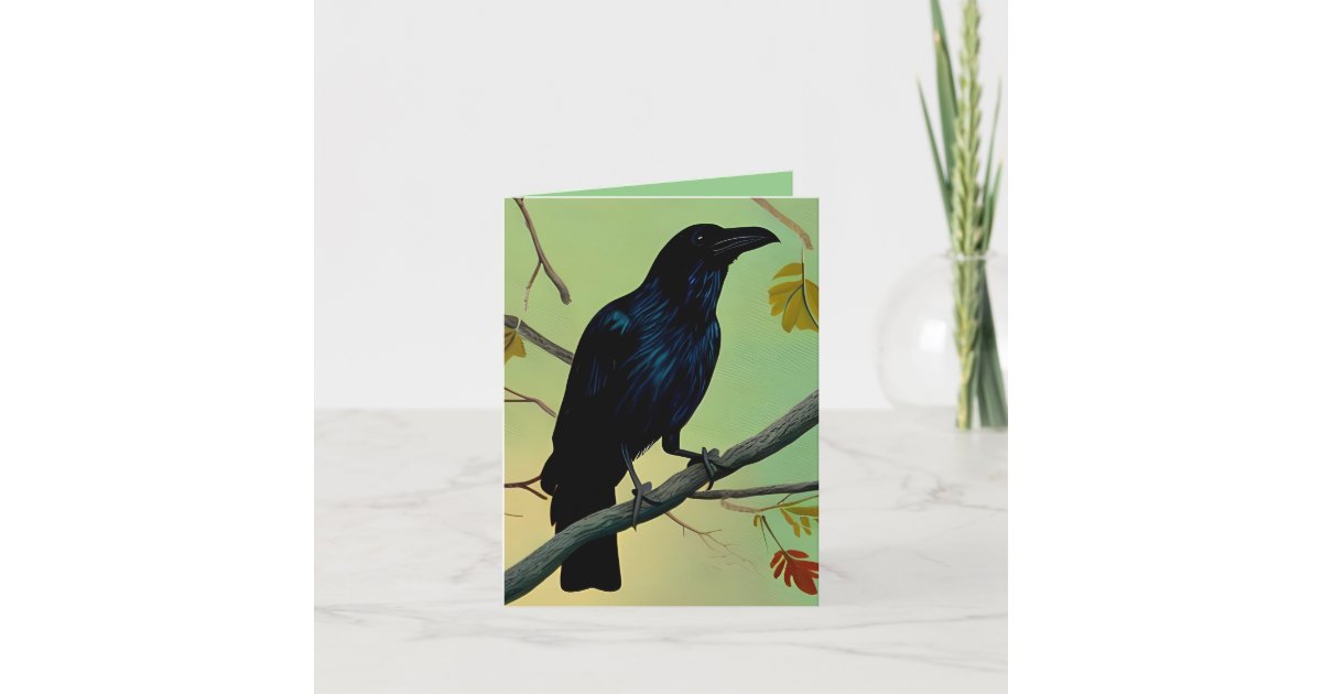 Delightful Fun Raven Perched On Branch Card | Zazzle
