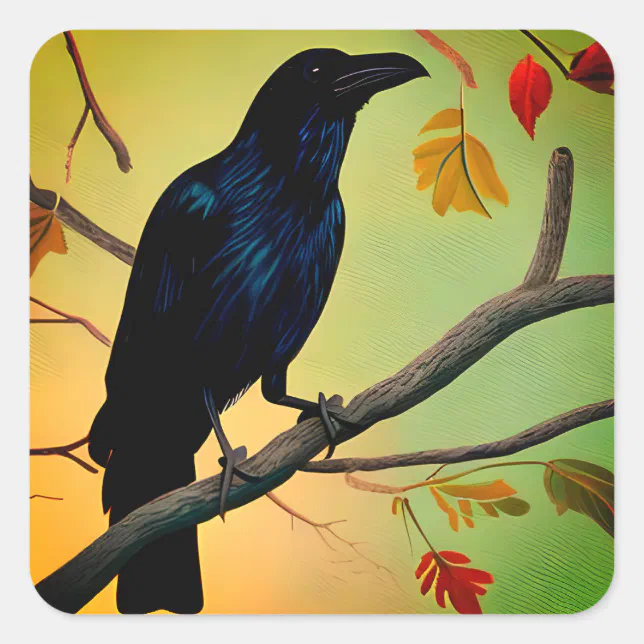 Delightful Fun Raven Perched On Branch Square Sticker | Zazzle